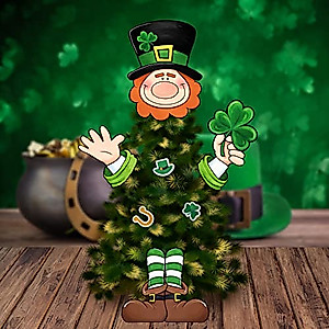 Auirre St Patricks Day Leprechaun Christmas Tree Topper Head Arms and Legs, Luck Shamrock Clover Decorative Tree Ornaments Decor, Irish Holiday Indoor Home Decorations Party Supplies