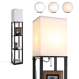 YAMEIWAN Floor Lamp with Shelves, Shelf Floor Lamps for Living Room with 3CCT LED Bulb, Modern Corner Square Display Standing Lamp with 4-Tier Tall Bookshelf Lamp for Bedroom Office