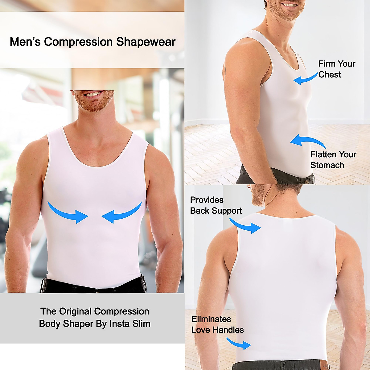 Insta Slim - Made in USA - 3 Pack - Compression Muscle Tank Top Body Shaper for Men. Tummy Control Slimming Shapewear Undershirt for Gynecomastia, Beer Belly & Back Support (White, LG)