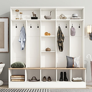 SHMAO Modern Hall Tree with Storage Bench, 4-in-1 Entryway Bench with Coat Rack, 8 Metal Hooks Tall Hall Tree with Shelves, Bottom Shoe Cubby Home Entryway Furniture for Hallway, Bedroom, 72" H White