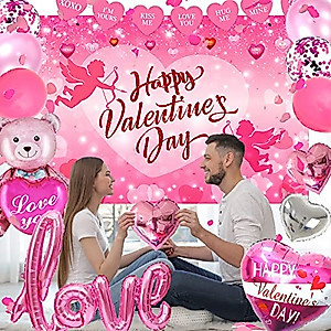Valentines Decorations-Valentines Day Backdrop for Photography Cupid Romantic I Love You Balloons for Bedroom,Pink Happy Valentines Day Decor