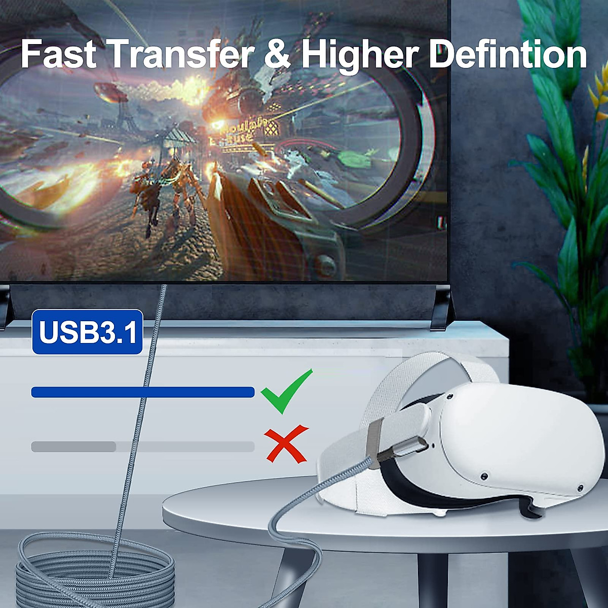 BSTKEECL Nylon Braided Link Cable 20FT Compatible for Oculus Quest/Meta Quest 2 and PC/Steam VR Link Cable - USB 3.1 A to USB C 5Gbps High Speed Data Transfer Charging Cord. (Grey).