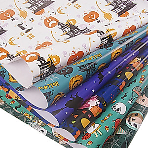 Rancco Halloween Wrapping Paper Set, 6 Sheets Witch Bat Ghost Pumpkin Cat Laser Gift Wrapping Paper w/Stickers and Ribbon for Halloween, Party, Birthday, Holiday,19.6 inch X 27.5 inch Per Sheet
