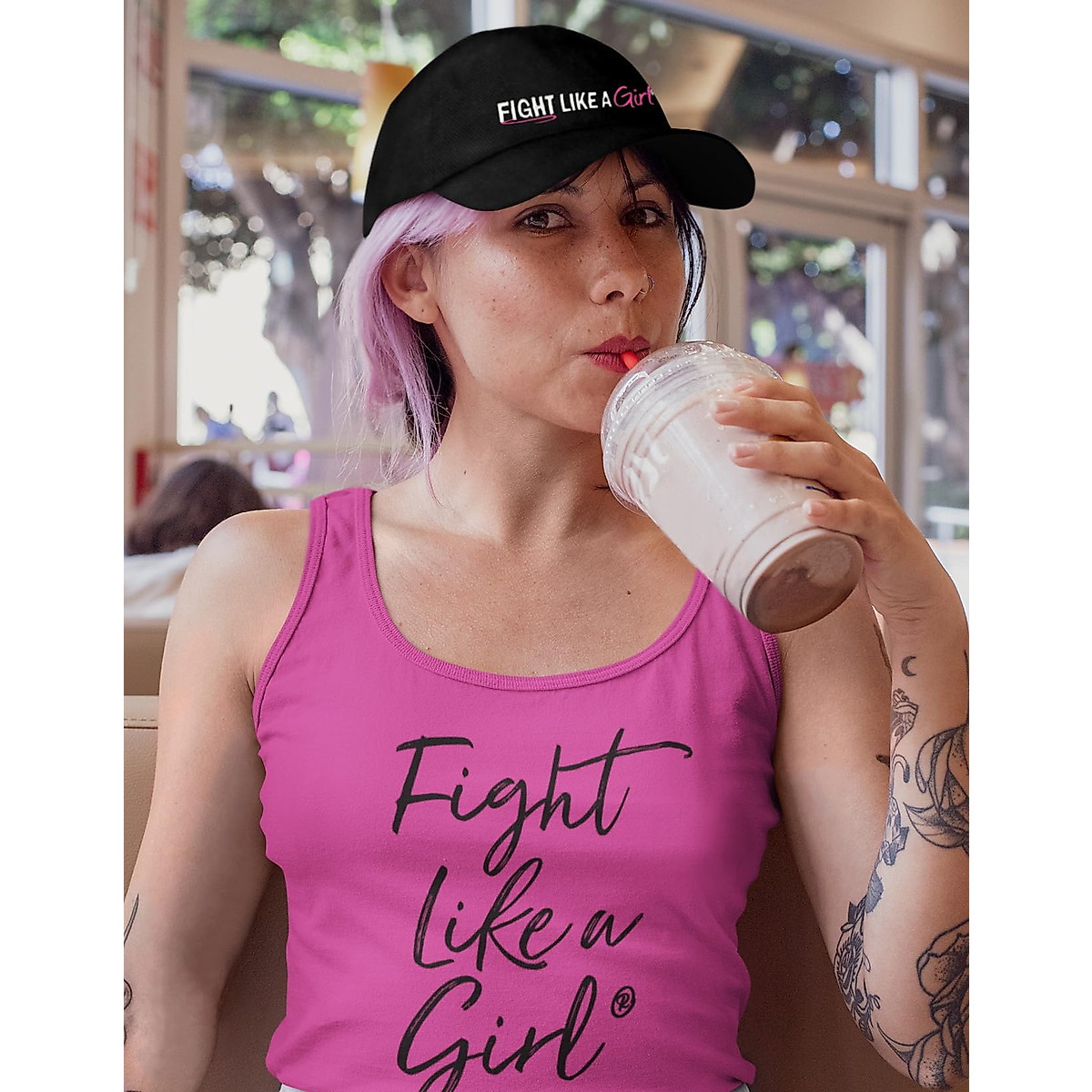 Fight Like a Girl Breast Cancer Embroidered Cap,Black,One Size