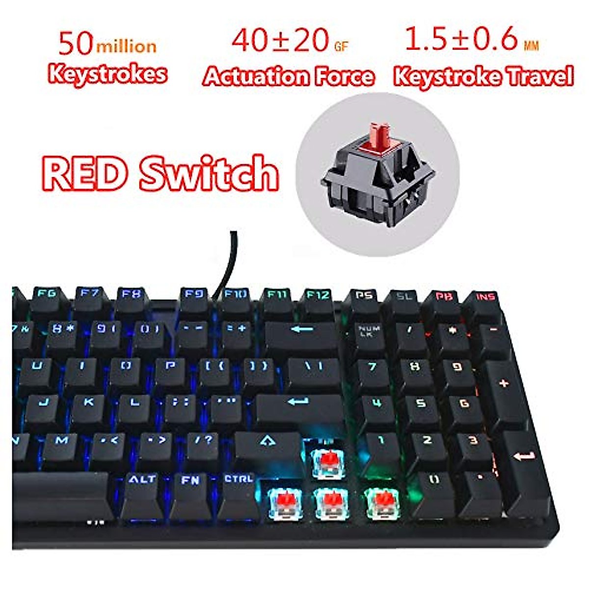 Mechanical Gaming Keyboard Compact 98 Key， Red Switches ， Custom Made chip Computer Keyboard -USB Connection Multi-Color Rainbow programmable RGB with Red Switches,for Windows PC Gamers