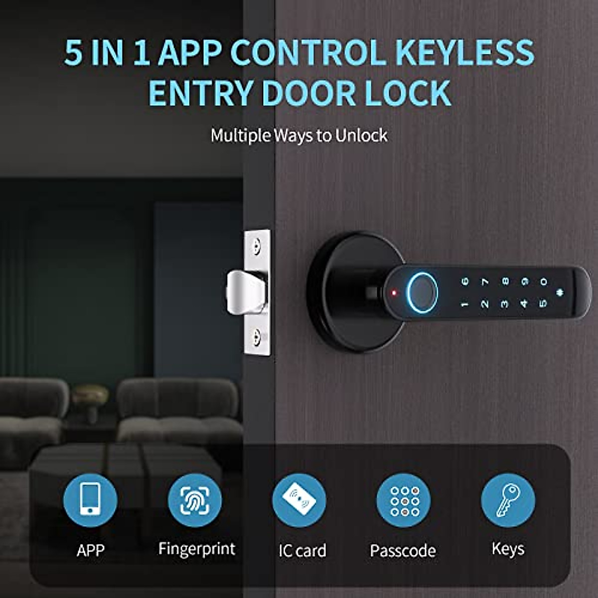 Smart keyless Entry Door Lock - ENOKER 5 in 1 Fingerprint Door Knob Lock with APP/IC Key Cards/Passcode/Backup Keys/ 100 Fingerprints with Keypad Handle for Home Hotel Office Apartment Bedroom