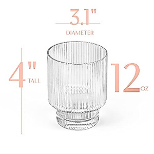 GLASSIQUE CADEAU Vintage Art Deco Ribbed Lowball Cocktail Glasses | Set of 4 | 12 oz Crystal Double Old Fashioned Tumblers for Drinking Classic Whiskey, Gin, Vodka Bar Drinks | Round Glassware