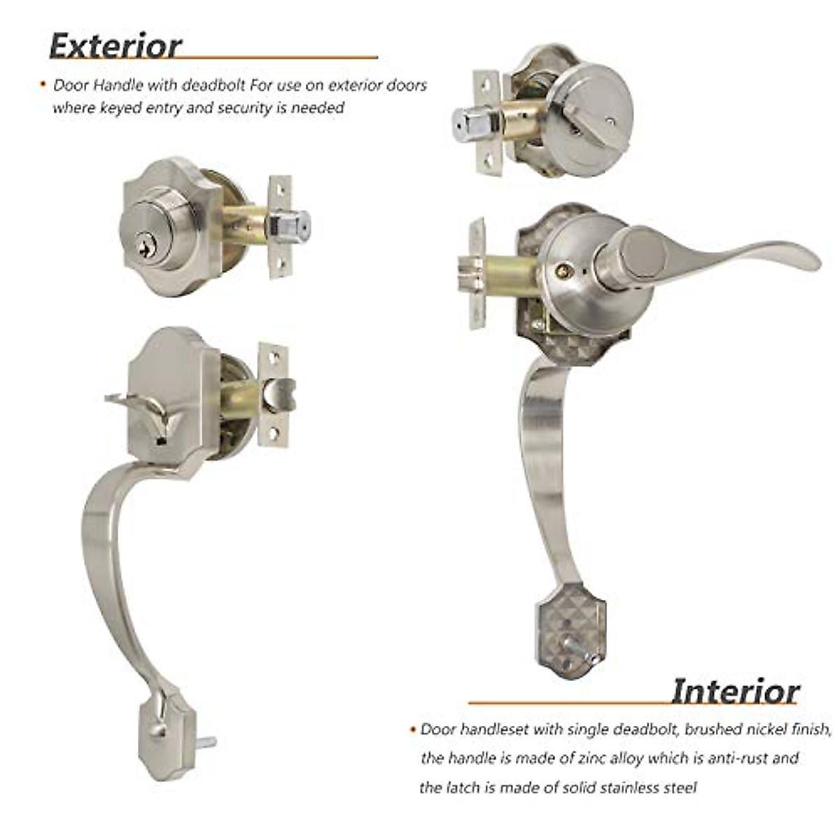 DECORITEN Single Cylinder Handleset with Wave Lever, Satin Nickel Front Entry Handle, Right-Handed Exterior Lever