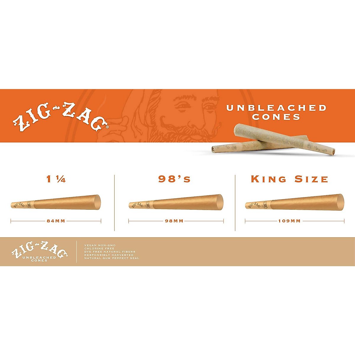 ZIG-ZAG Pre-Rolled Cones - Natural Unbleached Pre Rolled Rolling Papers Bulk Pack - Easy to Use and Convenient - 1 ¼-Inch Size - Pack of 50