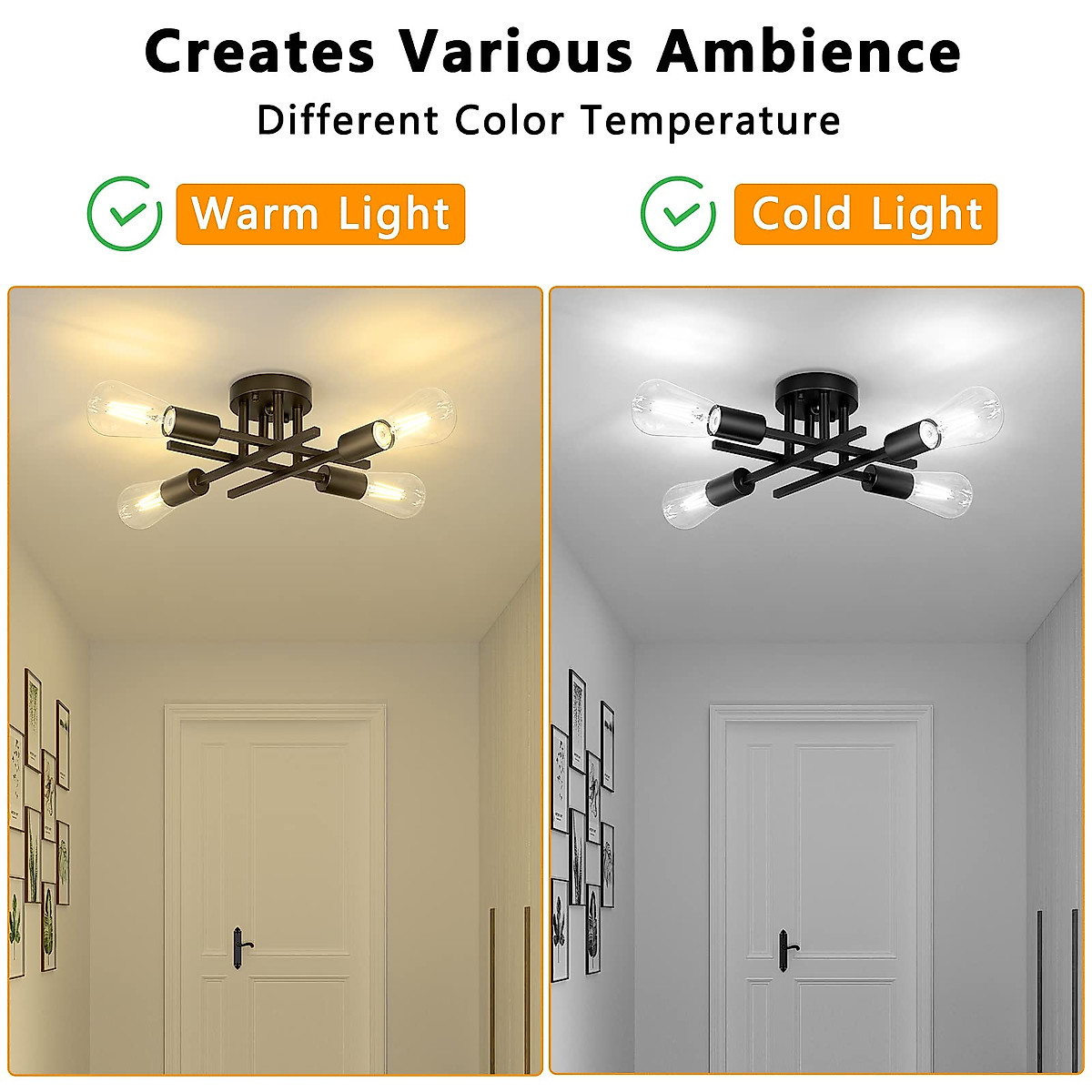 Lomoky Industrial 4-Light Semi Flush Mount Ceiling Light Fixture, Modern Black Close to Ceiling Light, Farmhouse Chandelier Ceiling Lamp for Hallway Kitchen Bedroom Living Room (2 Pack)