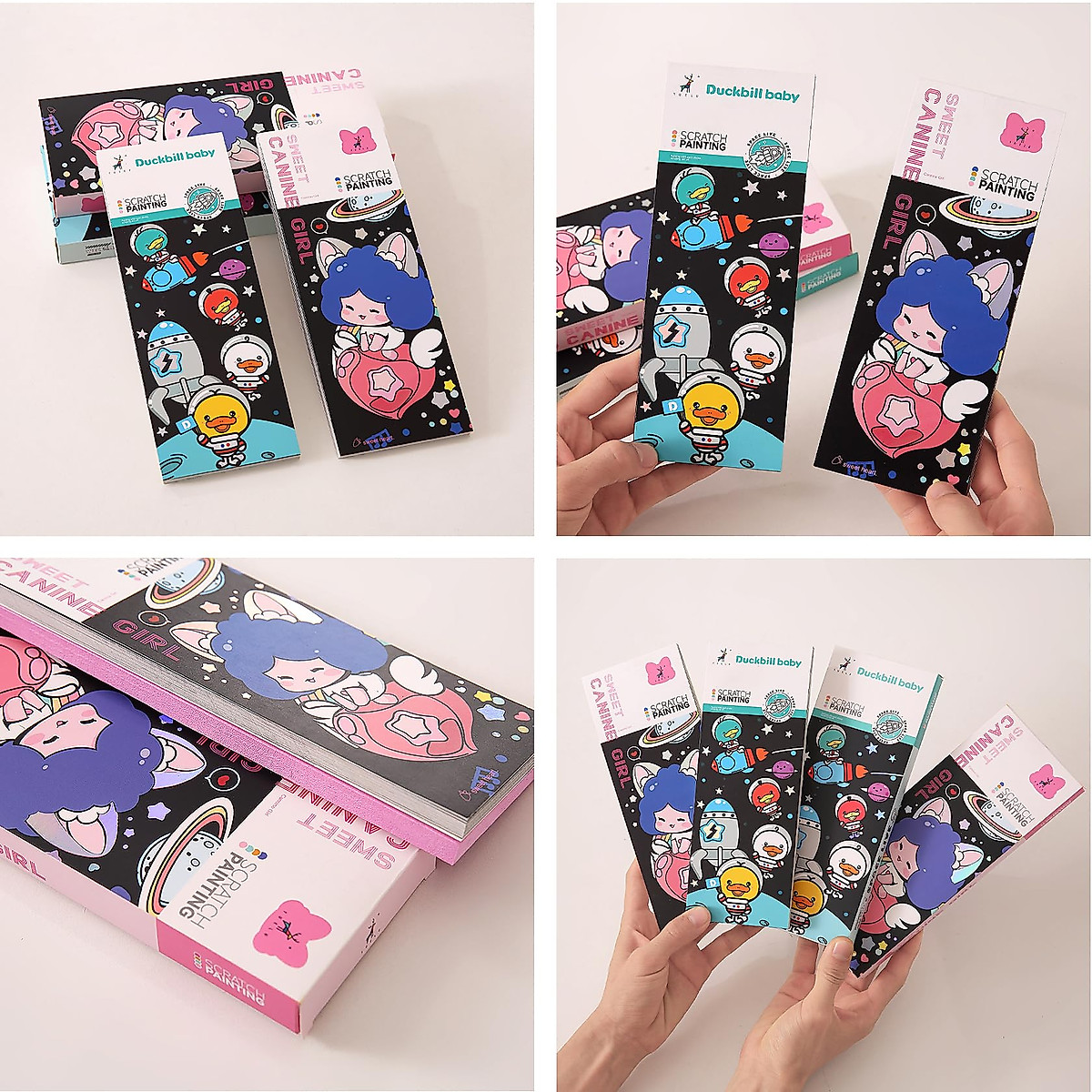 40 Card Rainbow Sparkle Scratch Painting Note, Hand-Eye Coordination Art&Crafts, Mini Magic Scratch DIY Graffiti Creative Bookmarks Gift for Kids&Adults, 8.5''x3.2'' (Canine Girl/Duckbill Baby Space)