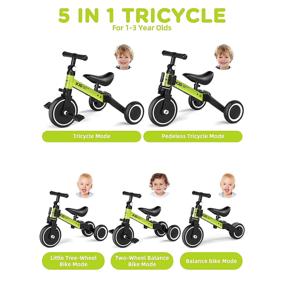 ﻿XJD 5 in 1 Toddler Bike, Tricycle for Toddlers 1-3 with Adjustable Seat Height, Removable Pedals, Ideal Balance Bike Birthday Gifts and Toys for Boys and Girls (Green)