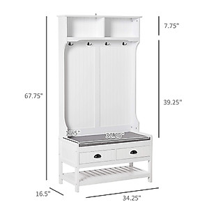 HOMCOM 3-in-1 Hall Tree, Entryway Bench with Coat Rack, Mudroom Bench with Shoe Rack, 2 Storage Drawers, 4 Hooks and Padded Seat Cushions for Hallway, White