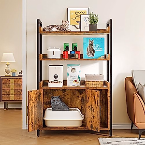 YITAHOME Large Hidden Cat Litter Box Furniture with 3 Shelves and Doors, Wood Litter Box Enclosure, Cat Washroom Storage, Brown