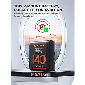 Moman V Mount Battery, Power 140 V-Lock Battery 140Wh/9700mAh with D-Tap&65W USB-C Outputs Compatible with Red Komodo & Canon C300 Cameras & Aputure 200D 200X Video Light, V-Mount-Battery-VLock-USB