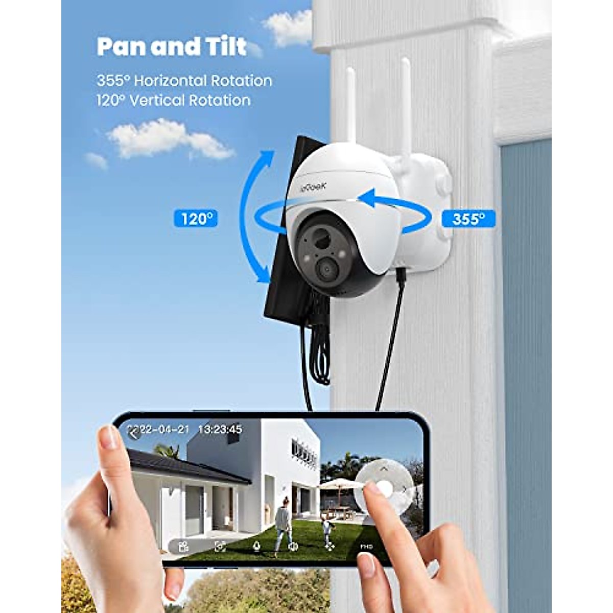 ieGeek Security Camera Outdoor, 2K Wireless WiFi 360°PTZ Camera, Solar Security Camera Battery Powered,Surveillance Camera with Spotlight/Siren/Motion Detection/3MP Color Night Vision,Works with Alexa