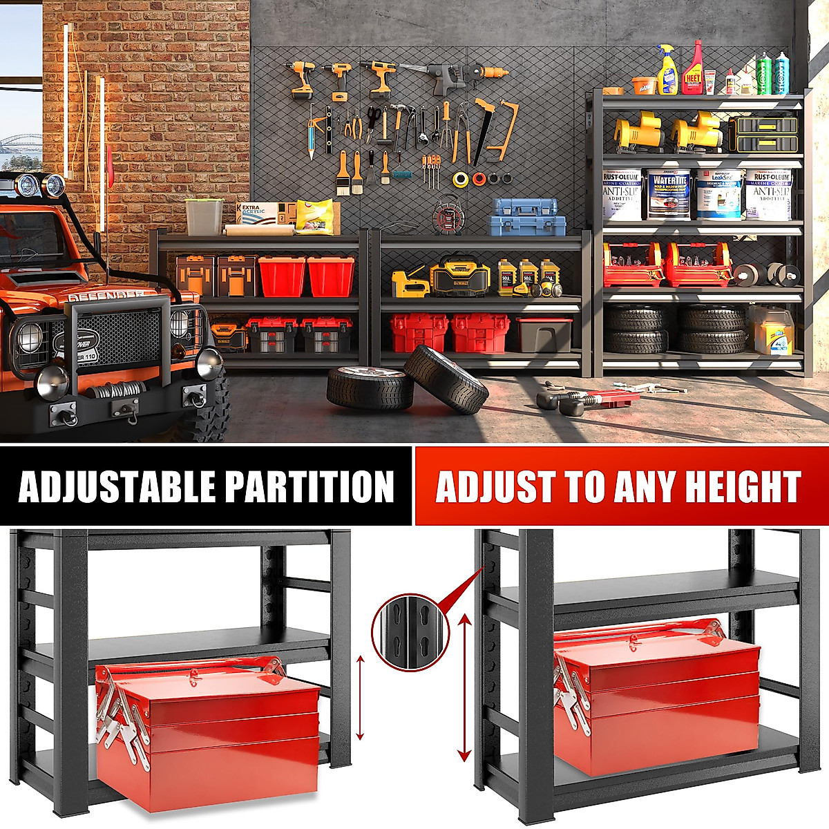 SFTORMAS 48" W Garage Shelving Heavy Duty Storage Shelves Adjustable 5 Tier Metal Shelves for Garage Warehouse Basement Industrial Utility Racks,Black