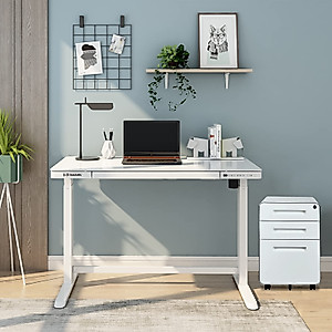 FLEXISPOT EG8 Glass Electric Standing Desk with White Cabinet 48" Adjustable Stand Up Desk Quick Install Home Office Table with Storage Drawer Charging USB Port (Tempered Glass + White Frame)