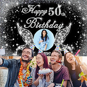 Custom Happy 50th Birthday Party Decoration Banner - Angel Wings Theme - Black and Silver