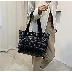 Women Light Weight Puffer Quilted Tote Winter Handbag Shoulder Bag (Black)