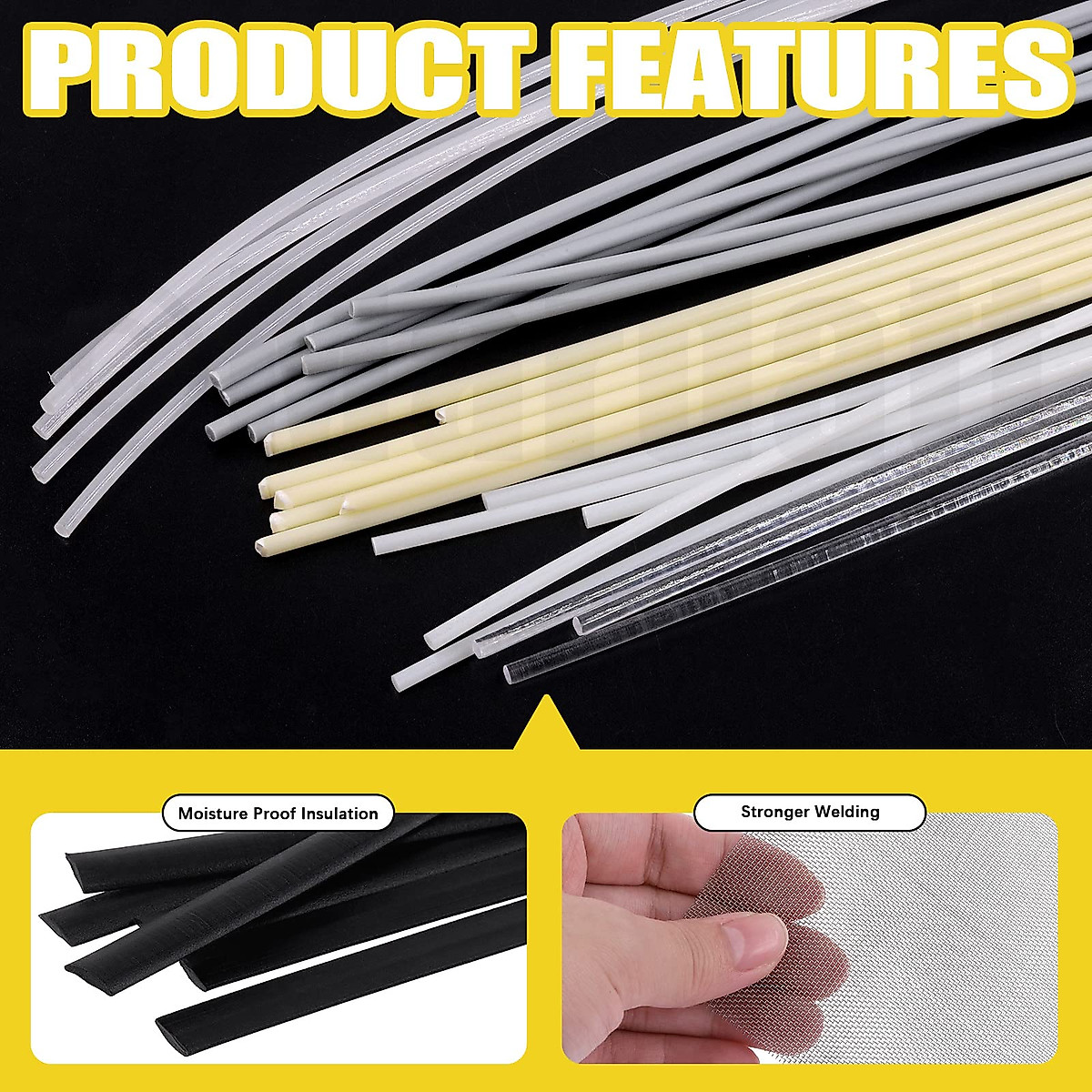 Mardatt 75Pcs 13" Plastic Welding Rods Assorted Set with Stainless Steel Mesh, 8 Types PP PU ABS PE TPO PA PC Plastic Welder Repair Rods Welding Strips for Auto Car Bumpers Kayak Repairs