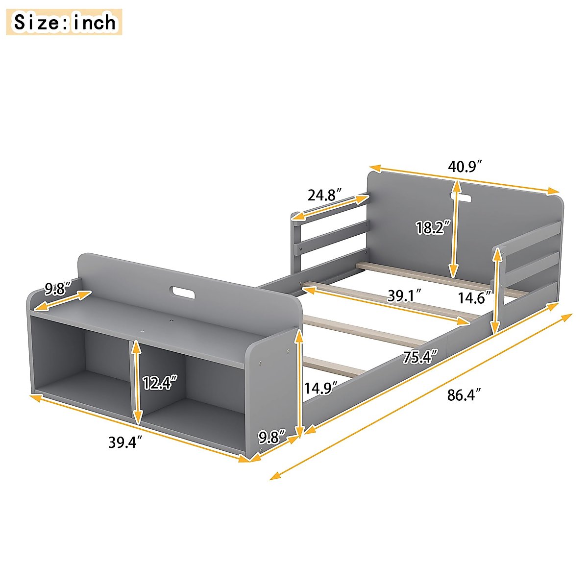 Twin Size Floor Bed with Rails and Storage Bench, Wood Kids Platform Bed Frame with Headboard and Footboard, No Box Spring Needed, Gray