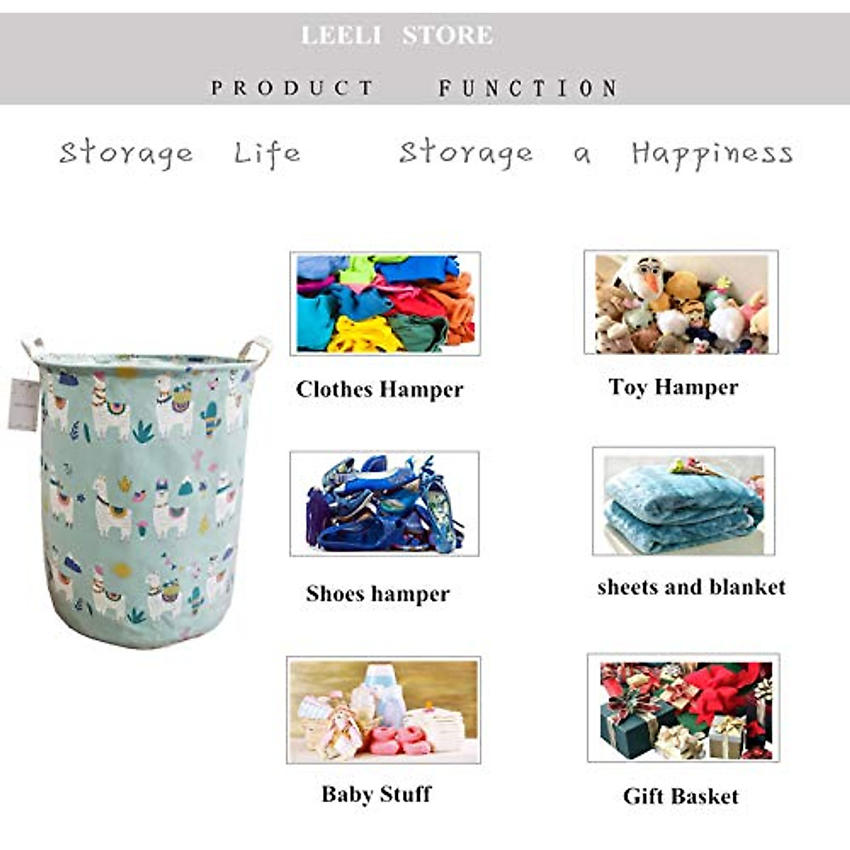 LEELI Laundry Hamper with Handles Collapsible Canvas Laundry Basket,Waterproof Storage Basket Home Organizer for Nursery,Clothes,Toys,Baby Hamper19.7×15.7(Blue Llama)