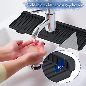 Amerner Kitchen Sink Splash Guard, 10° Large Slope & Adaptable Hole Faucet Mat for Kitchen Sink, Silicone Sink Organizer Sponge Holder for Kitchen, Bathroom, RV, Bar, 14.2” x 5.1”, Black