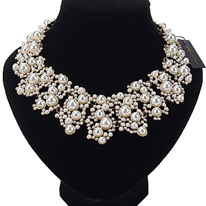 Jerollin Pearl Choker Tassel Collar Statement Necklace for Evening Party White