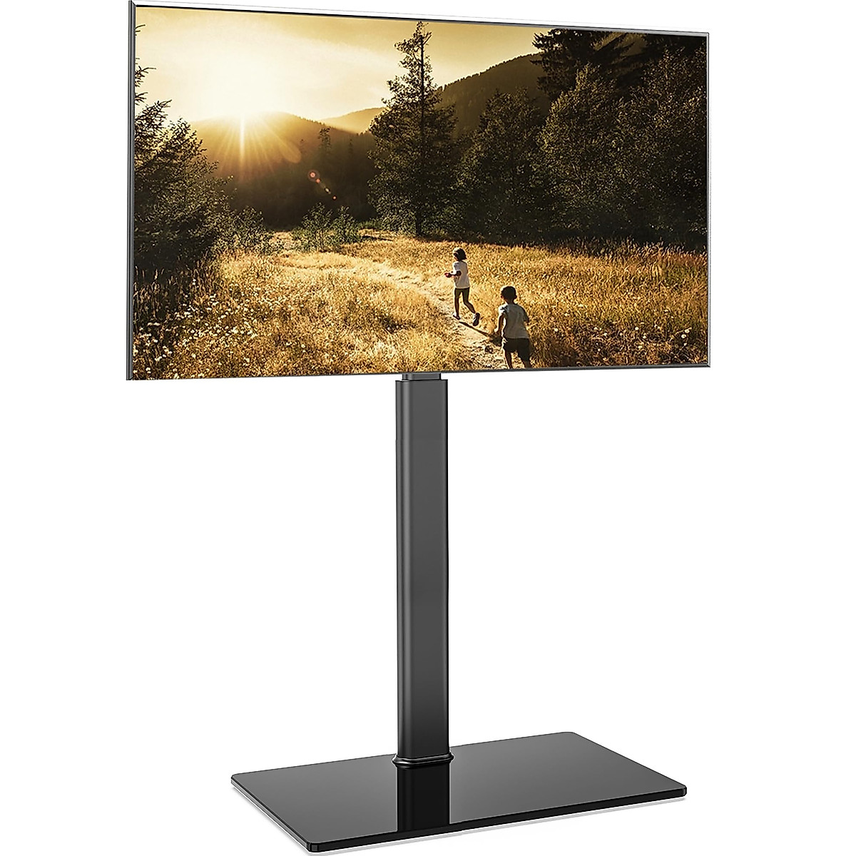 FITUEYES Universal TV Stand for 32 39 40 43 49 50 55 60 Inch TVs, TV Floor Stand with Swivel Mount, Max Holds 66lbs, Black Glass Base, Height Adjustable, Perfect for Corner & Bedroom