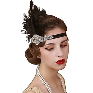SWEETV 1920s Headpiece Flapper Headband, Rhinestone Feather Great Gatsby Headpiece Hair Accessories for Women (Black)
