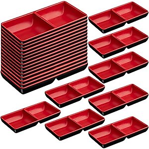 14 Pcs Dual Soy Sauce Dish Melamine Dual Dipping Bowls Divided Serving Tray Wasabi Sushi Dipping Plates Two Compartments Plate Appetizer Serving Tray for Restaurant Kitchen Appetizers Nuts Cheese