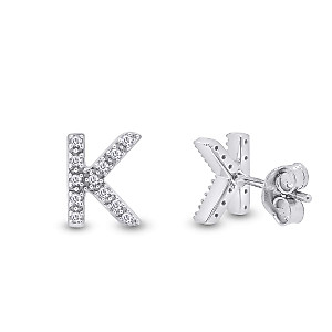 1/10 Carat Round White Natural " Diamond Alphabet Initial Letter "K " Diamond Stud Earrings In 14k White Gold Over Sterling Silver (0.1 Cttw)