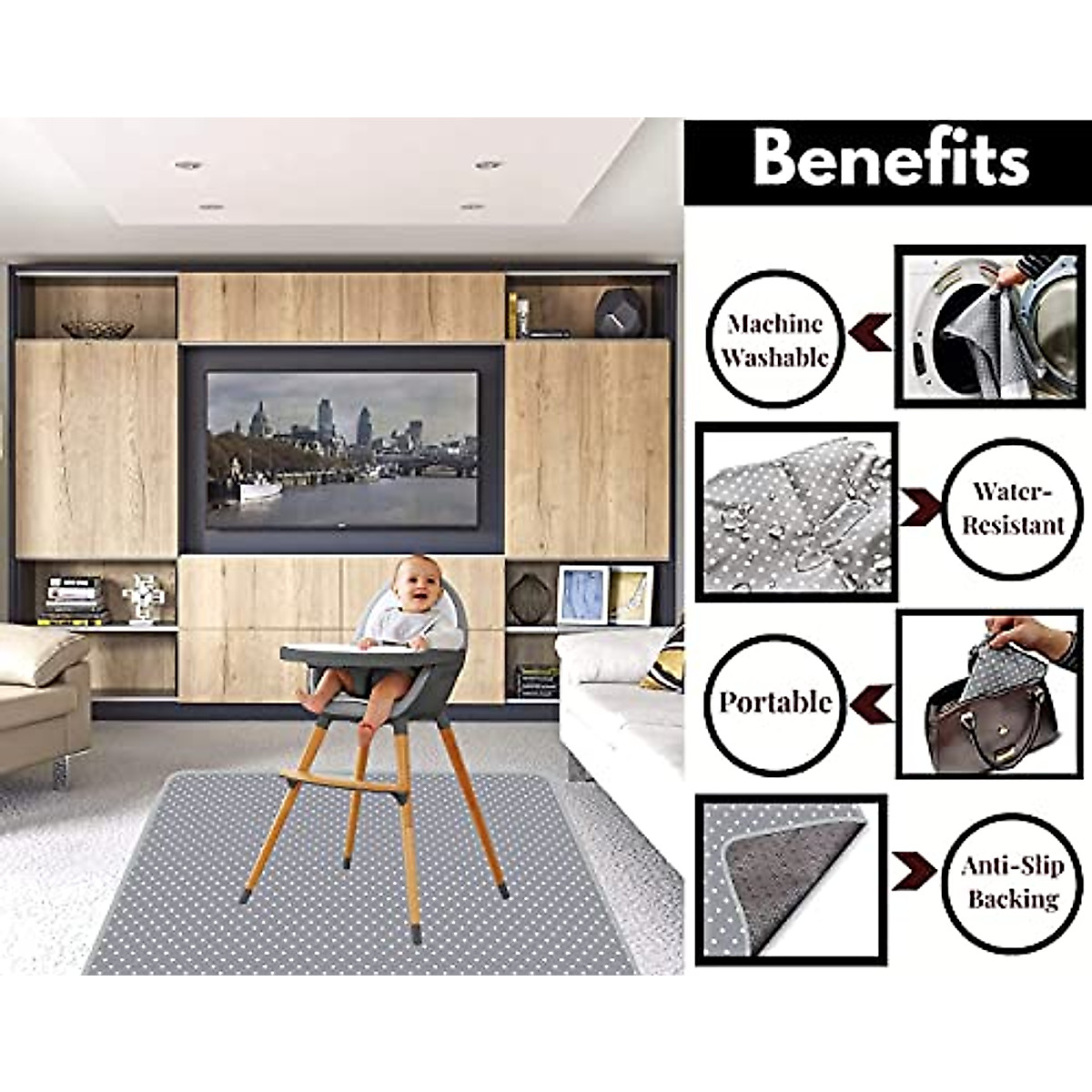 Splat Mat for Under High Chair - Splash Mat | Large 51" x 46" Size | Washable & Water Resistant | Avoid Messes | Multiple Uses | Easy to Wipe | Quick Drying - Comes w/ Carrying case for Floor & Table