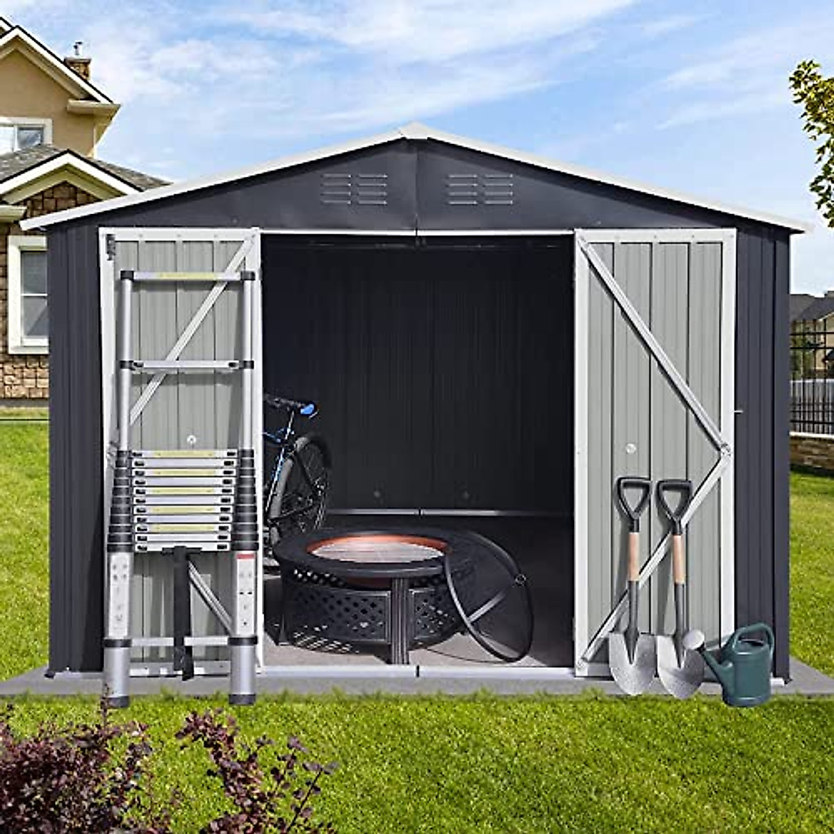 EMKK 10x8 FT Outdoor Storage Shed with Floor,Tool Garden Metal Sheds with Lockable Door,Outside Waterproof Galvanized Steel Storage House for Backyard Garden, Patio, Lawn