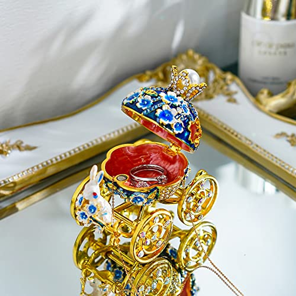 YU FENG 3'' Hand Painted Enamel Pumpkin Carriage Trinket Box With Bunny Flowers Hinged Jewelry Organizer with Crystals Ring Earrings Storage Home Decor Figurine Keepsake Collectible