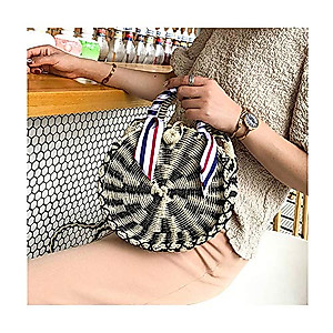 QTKJ Women Straw Summer Beach Tote Bag Hand-woven Round Rattan Bag Cross Body Bag Shoulder Messenger Satchel (Black&Beige)