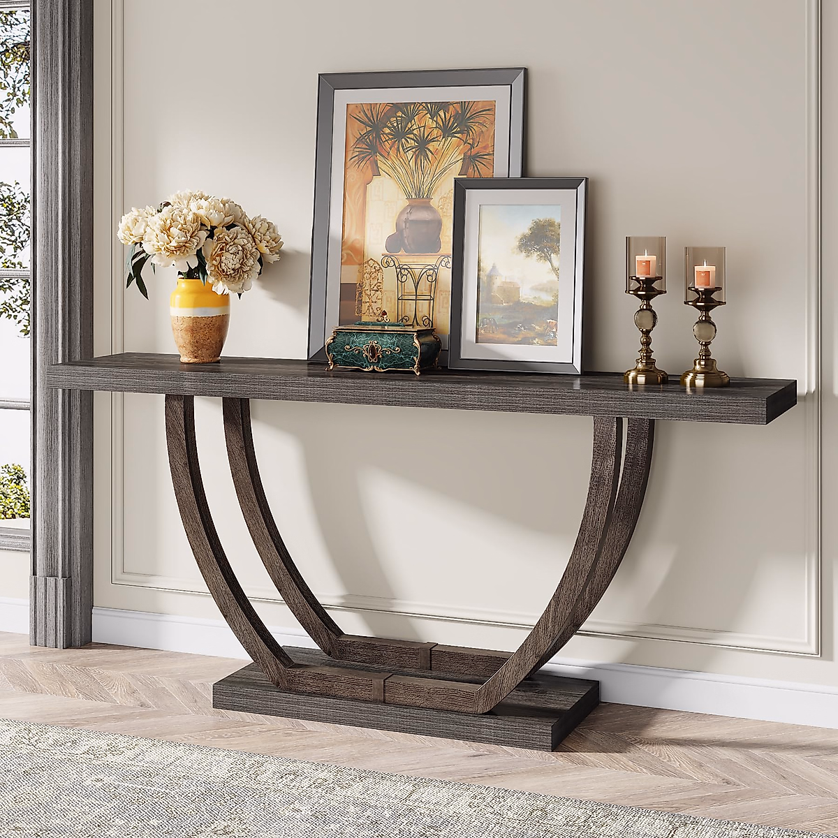 Tribesigns 63-Inch Skinny Console Table with Geometric Base 2-Tier Farmhouse Sofa Table Narrow Long, Thickened Behind Couch Table with Shelves for Living Room Foyer Corridor (Rustic Grey)