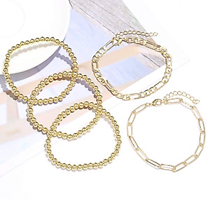 ARATLENCH Beaded Bracelet Link Chain Bracelet Set for Women Stack Stretch Beads Bracelets Minimlist Paperclip Figaro Link Chain for Women(gold bracelet set)