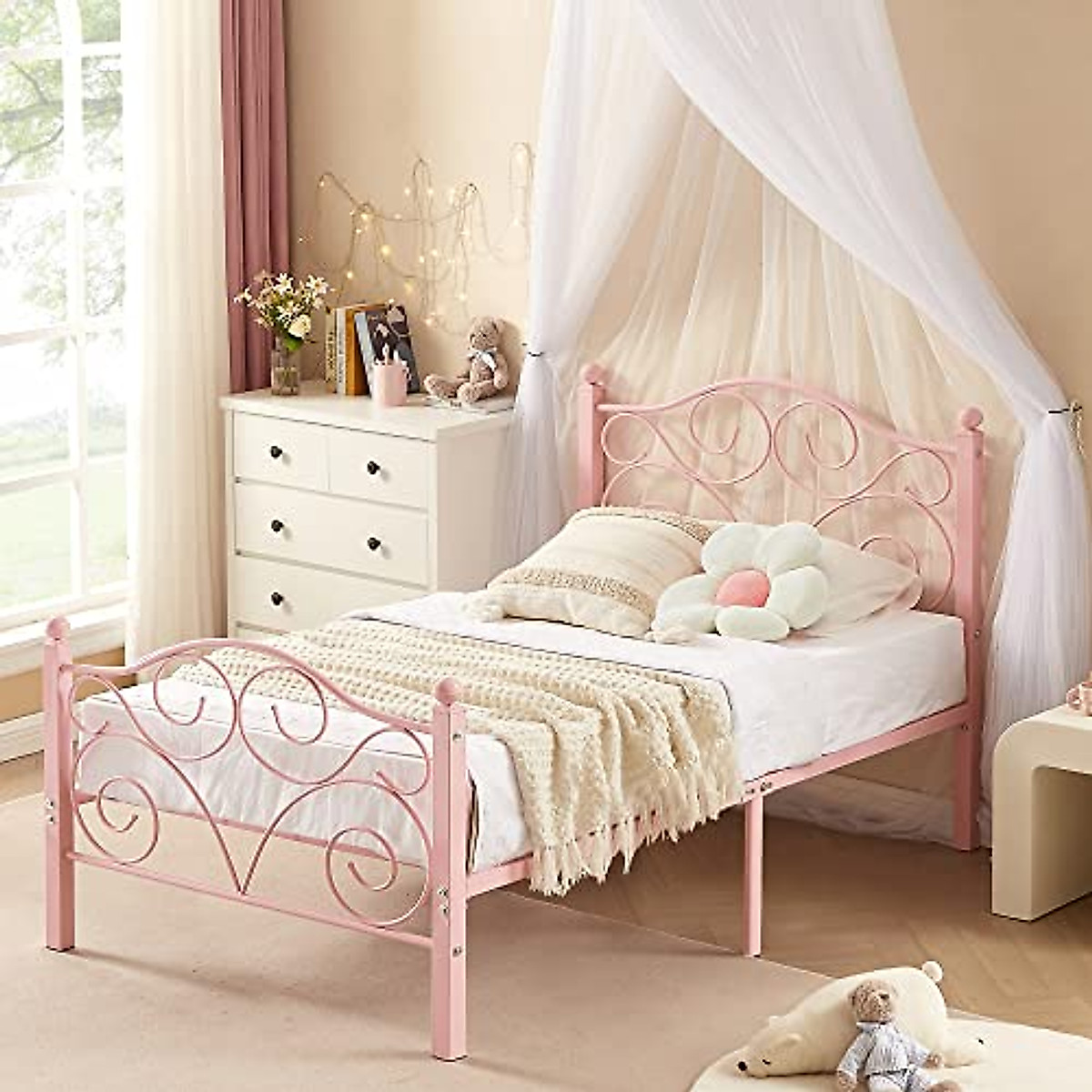 VECELO Twin Size Metal Bed Frame with Headboard and Footboard, Heavy Duty Steel Slat Support, Platform Mattress Foundation, No Box Spring Needed, Easy Assembly, Pink