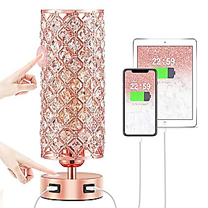 Hong-in Crystal Table Lamp, Rose Gold Lamp with USB Ports, 3 Way Dimmable Light with Crystal Lampshade, Bedside Lamp Small Touch Light for Living Room Bedroom Home, Charge Phone (Bulb Included)