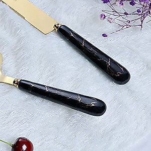 Personalized Wedding Cake Server Set, Gold Cake Knife & Server Set, Ceramic Marble Wedding Cake Cutting Server Set, Engraved Cutting Set, Bridal Shower Gift (Black)