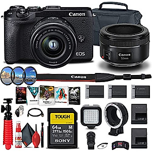 Canon EOS M6 Mark II Mirrorless Digital Camera with 15-45mm Lens and EVF-DC2 Viewfinder (3611C011) + Canon EF-M Lens Adapter + Canon EF 50mm Lens + 64GB Tough Card + Case + Filter Kit + More (Renewed)