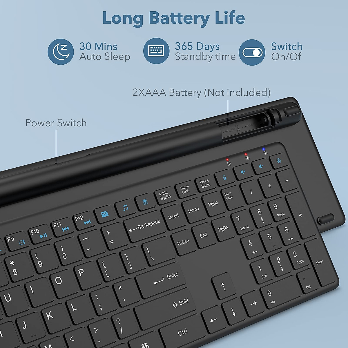 WisFox Wireless Keyboard, Ultra Slim Silent Computer Keyboard, Full Size 2.4G USB Keyboard with Number Pad for PC/Desktop/Laptop/Notebook, Black