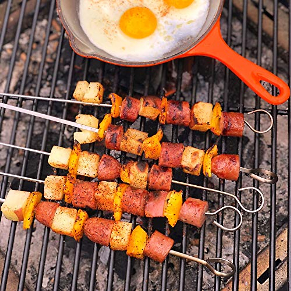 Yukon Glory BBQ Skewer Rack for Grilling Shish Kebob and skewers, Durable Foldable Stainless Steel with 6 Skewers