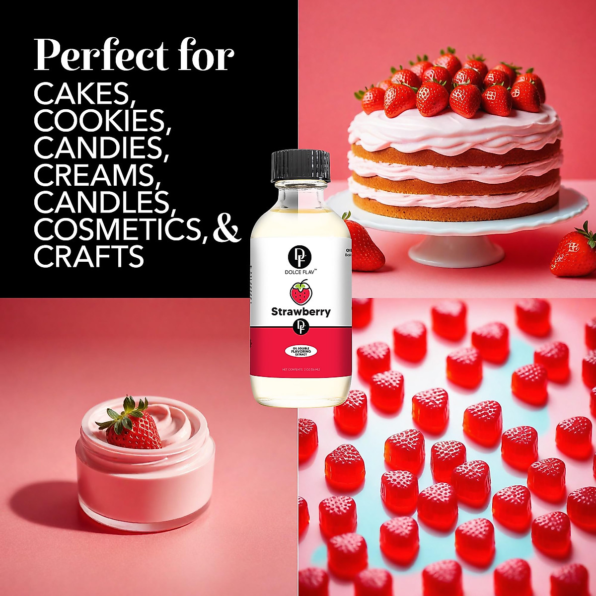 Dolce Flav Strawberry Extract 2 oz – Kosher, Sugar-Free, Concentrated Berry Flavor for Candy, Chocolates & Desserts, Includes Measured Dropper