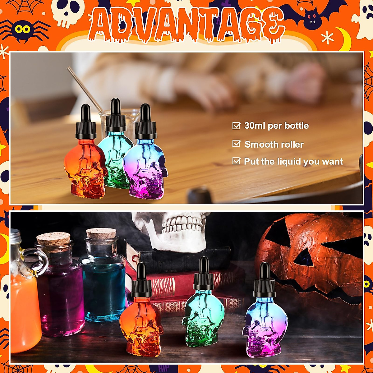 8Pack 1oz Skull Glass Dropper Bottles Empty Refillable Bottles Clear Skull Head Glass Bottle Liquid Bottling Dispensing Bottle with Eye Dropper Pipettes for Essential Oil/Beauty Oil Mix Dispenser