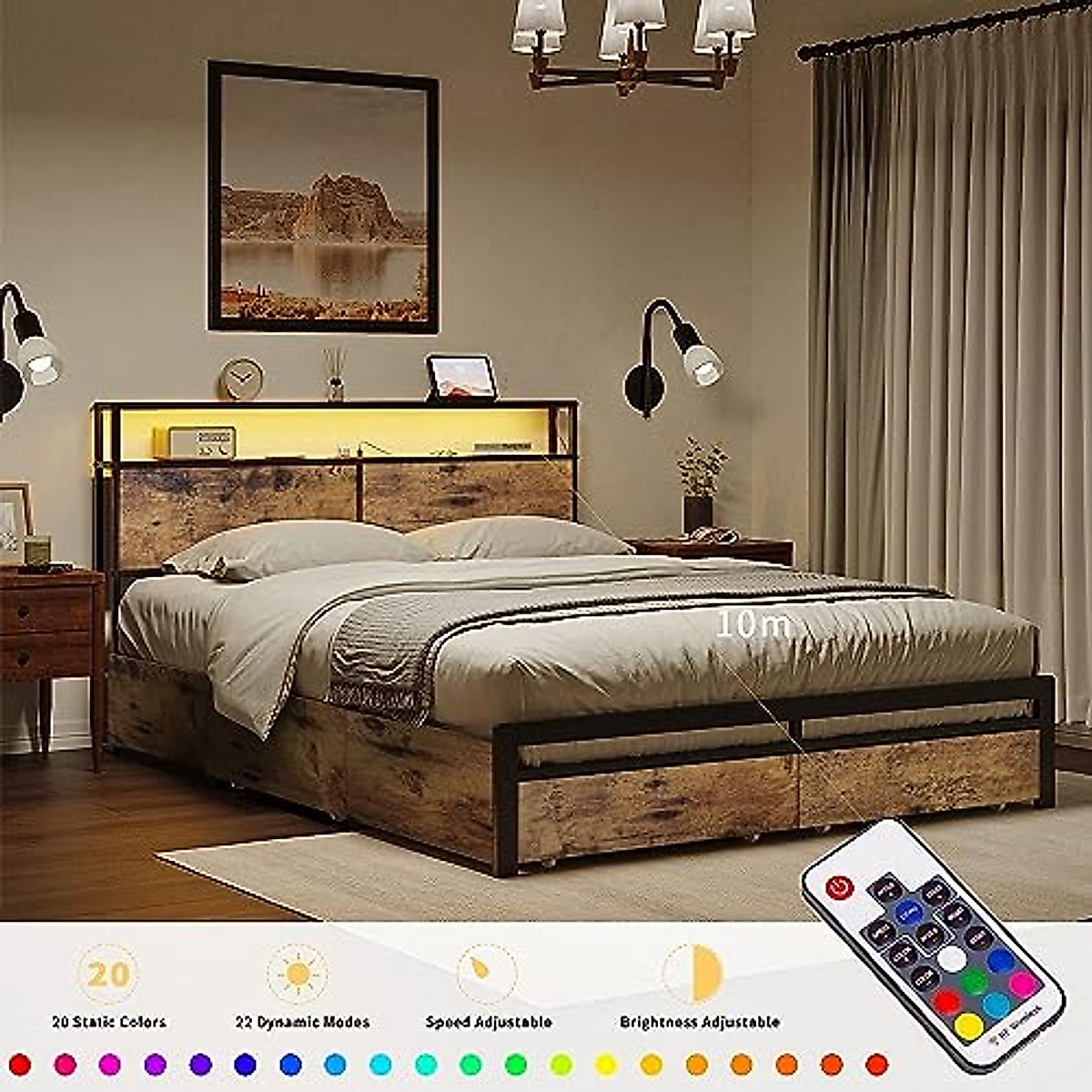 HAUSOURCE Queen Bed Frame with Storage Headboard and 4 Drawers LED Lights Metal Platform Non-Slip Without Noise Mattress Foundation Strong Metal Slats Support No Box Spring Needed
