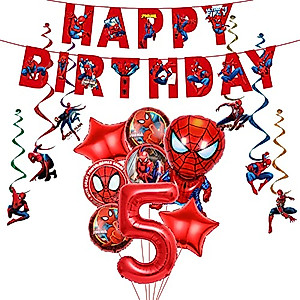 Superhero Spider Foil Balloons Birthday Decorations Red Balloons 32 Inch and Red Spider Banner for Boy Kids Spider Themed Birthday Party Decoration (5)