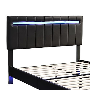 WADRI Modern Queen Size Upholstered Platform Bed, Full Size Floating Bed Frame with LED Lights and USB Charging, LED Bed Frame for Kids Teens Adults, No Box Spring Needed (Black + PU-79X)